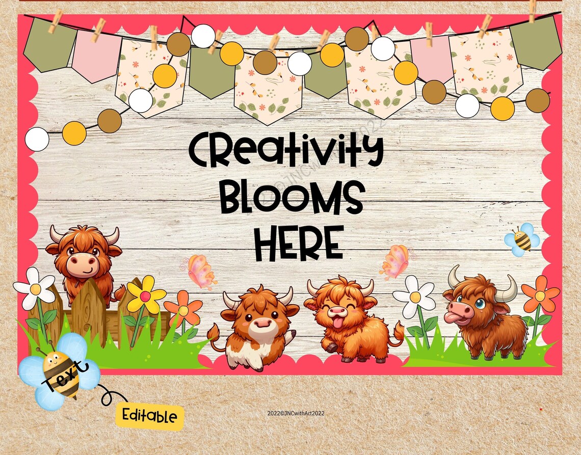 Highland Cow Spring Bulletin Board Kit Classroom Door Decor Editable - Etsy