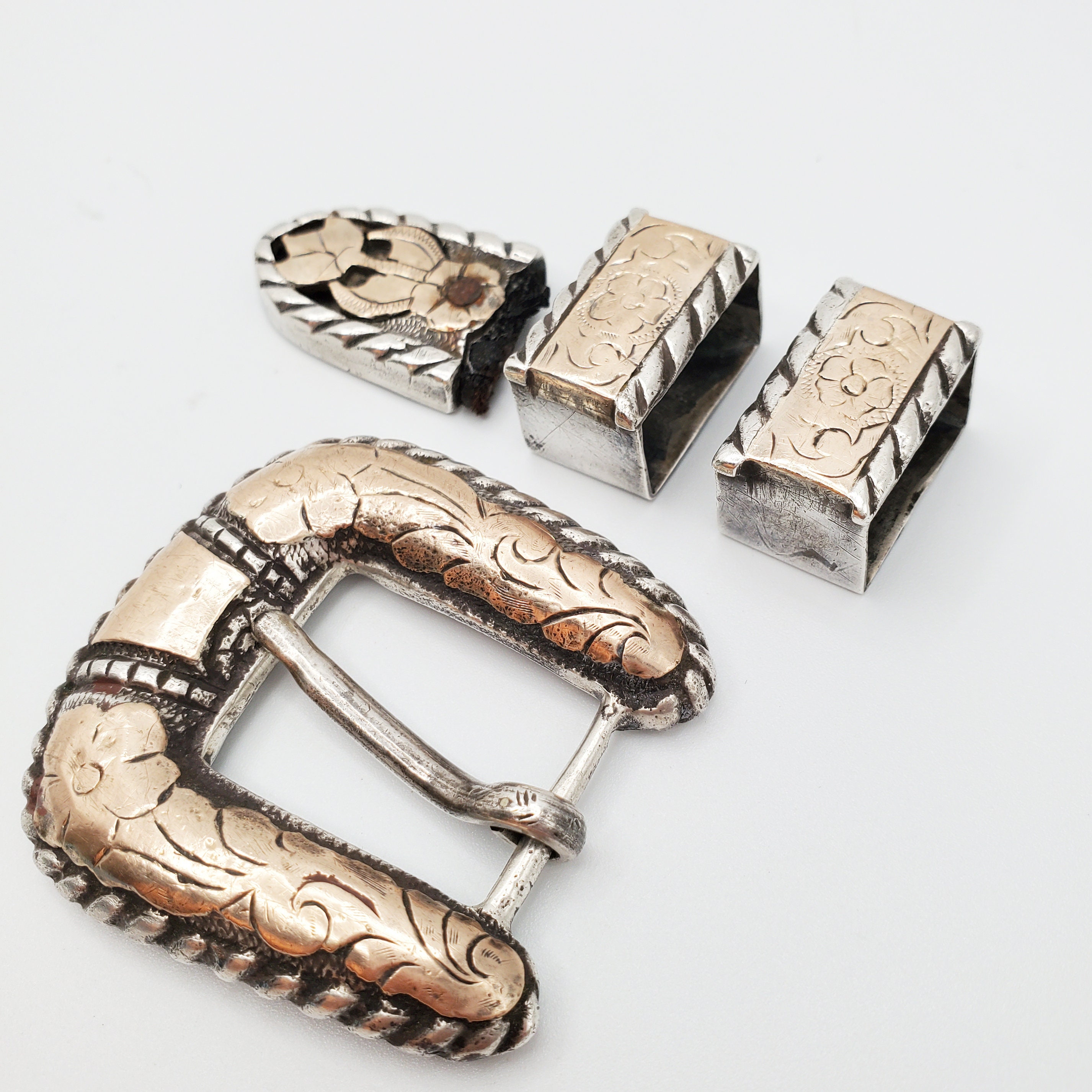 Vintage Handmade Solid Silver Western Buckle W Gold Fill Accents Floral ...