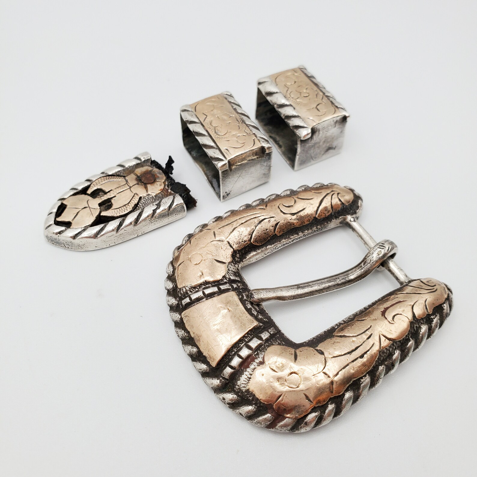 Vintage Handmade Solid Silver Western Buckle W Gold Fill Accents Floral ...