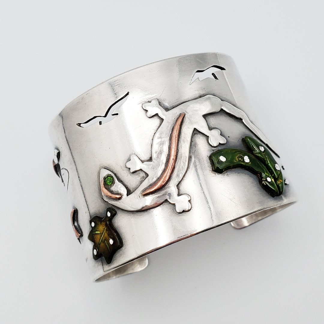 LARGE Solid Silver Handmade Artisan Cuff Lizard Turtles Fish Animals ...