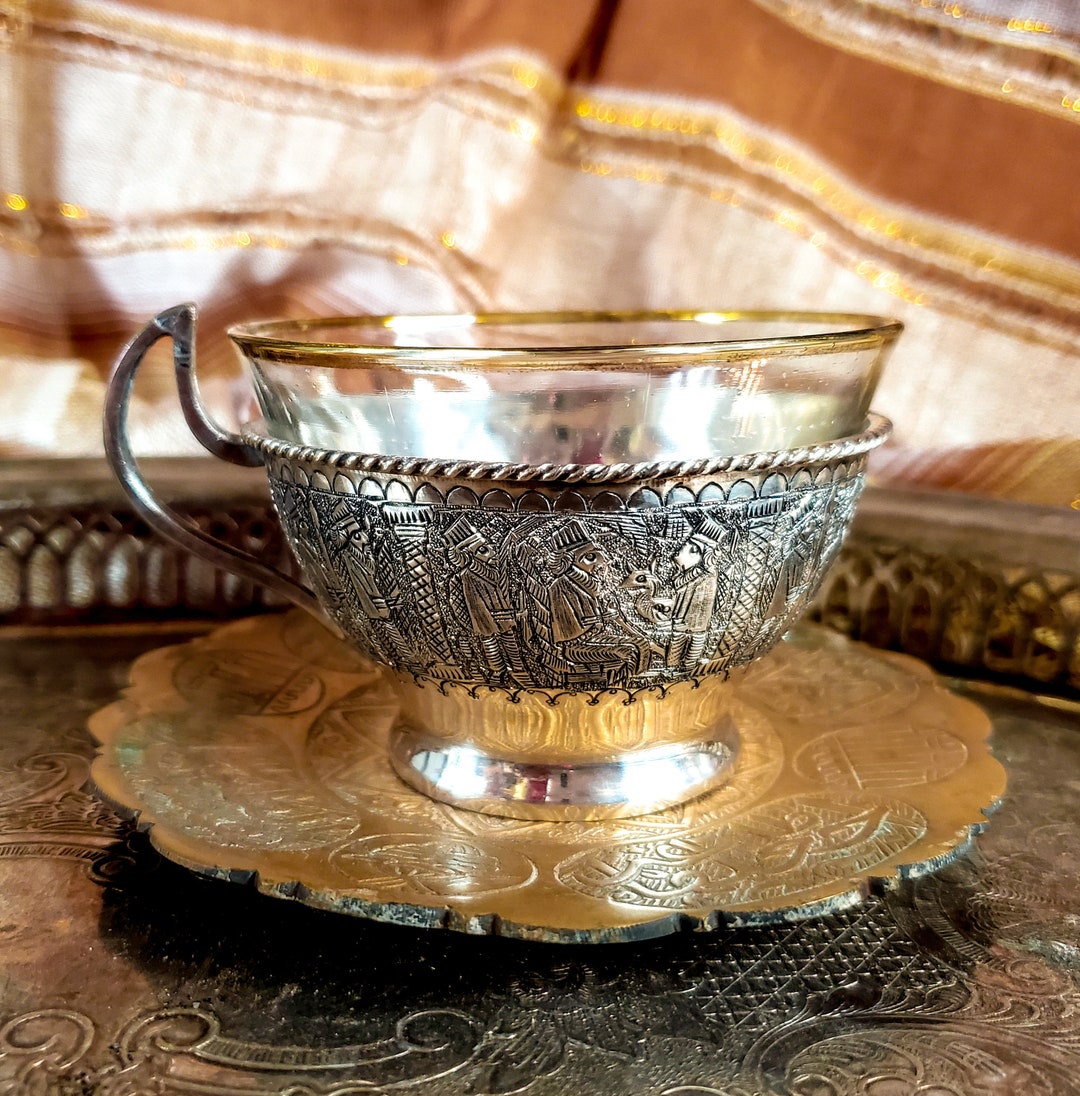 Vintage Middle Eastern Solid Silver Teacup W Glass Liner Royal Court ...
