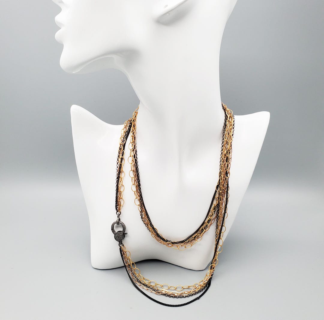 Margo Morrison Black Gold 4 Chain Necklace Diamond Pavé Clasp 36” MSRP ...