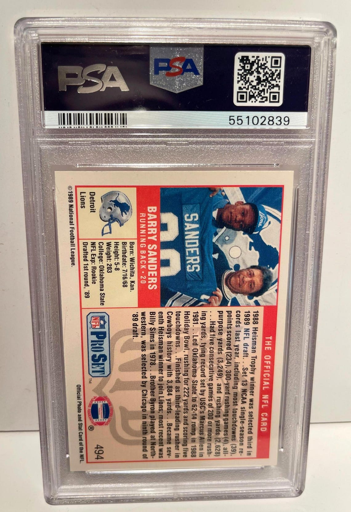 1989 Pro Set Barry Sanders Rookie Card RC #494 PSA 9 MINT - Graded ...