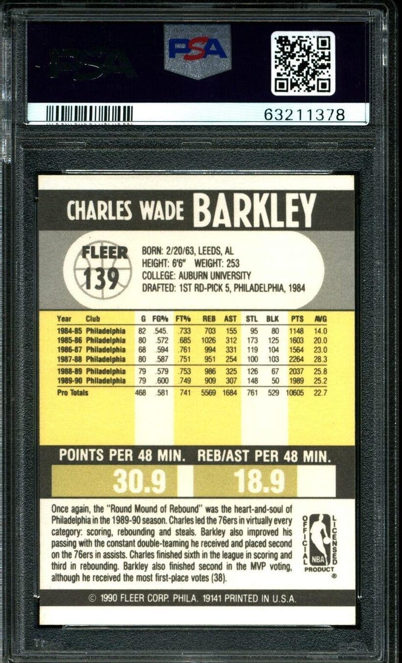 1990 Fleer Charles Barkley #139 PSA 10 Graded Encased - Etsy