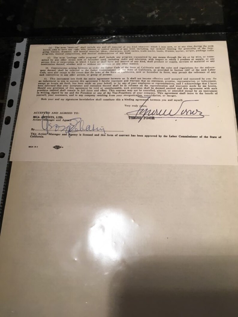 Movie Star Tyrone Power Signed Contract Autograph Rare - Etsy