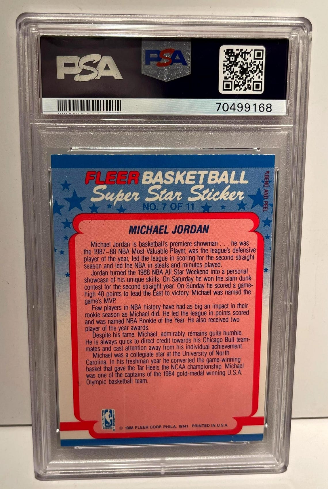 1988 Fleer Sticker Michael Jordan #7 PSA 6 - Graded Encased Very Sharp ...