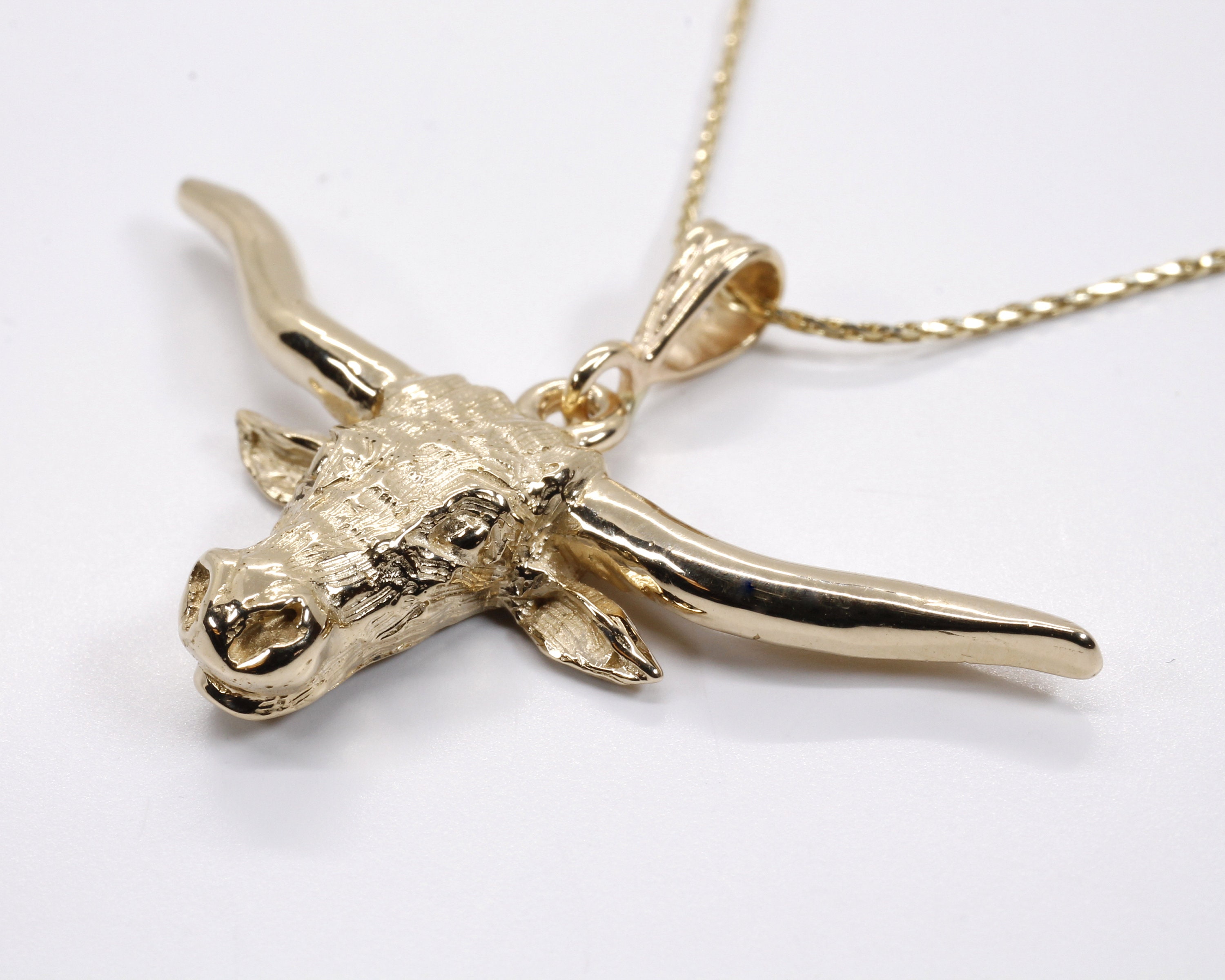 Large Gold Longhorn Necklace Made in Solid 14kt Gold, Texas Football ...