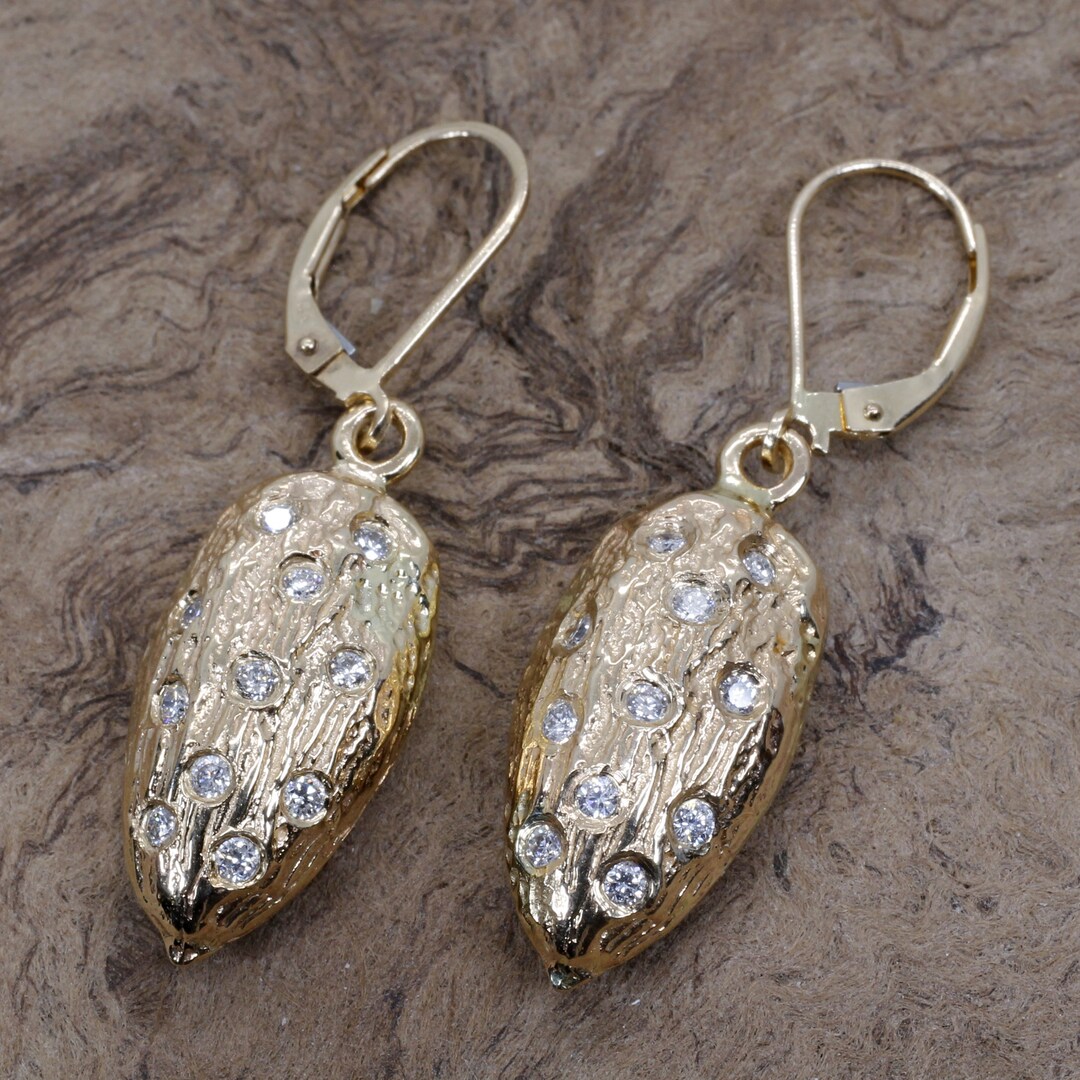 14kt Gold Almond Dangle Earrings With Diamonds - Etsy
