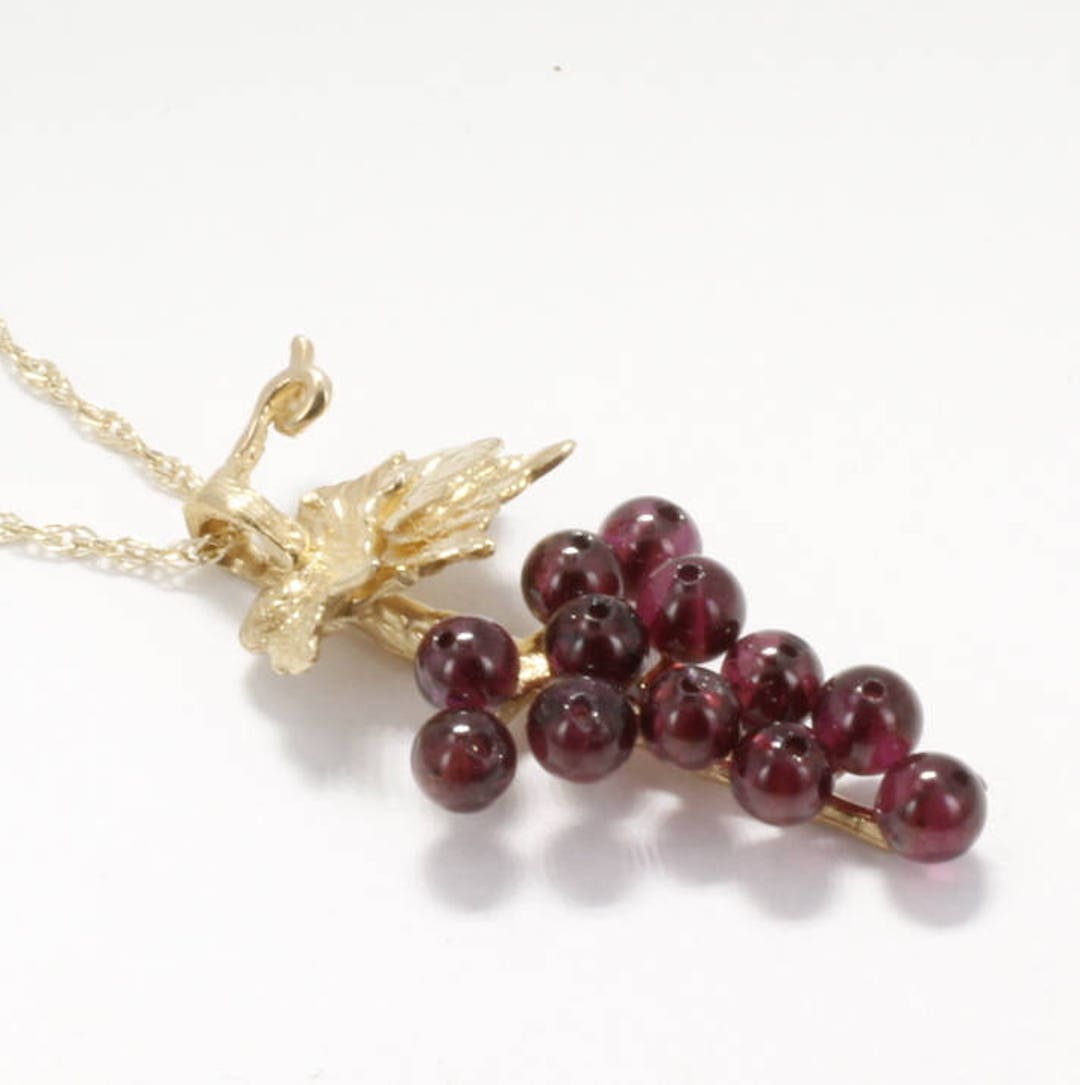Grape Jewelry, Small Two Leaf 14kt. Gold Garnet Grape Cluster Necklace ...