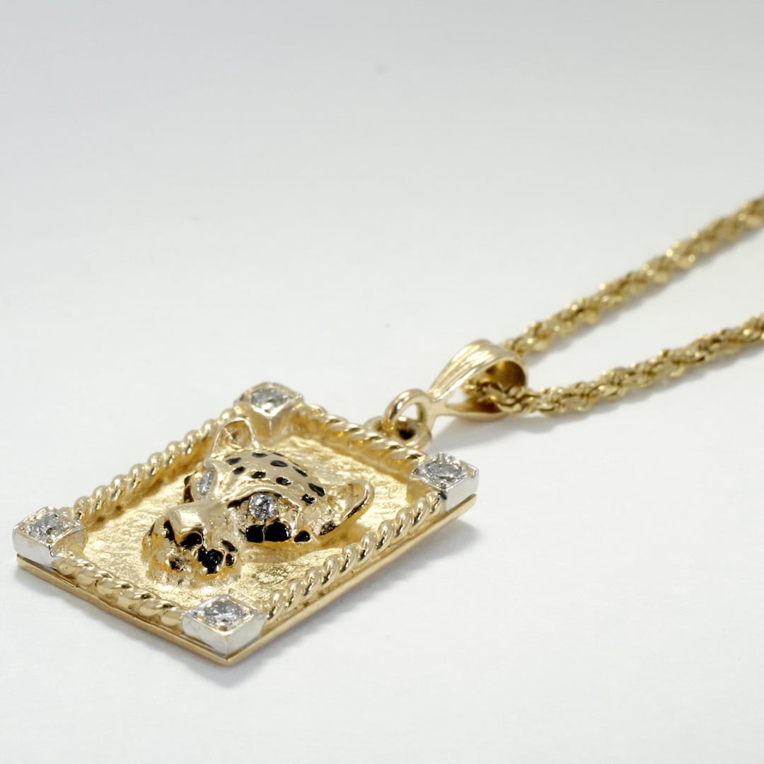 14kt Gold Jaguar Necklace With Diamonds: Enamel Accent, 18" Rope Chain ...