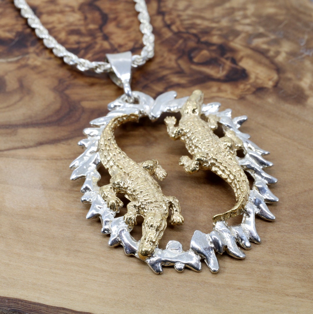 Gold Two Alligators Necklace for Her or Him, Large Dual Alligator ...