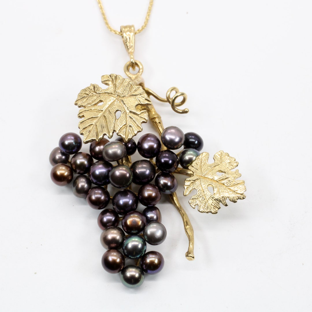 Black Pearl Grape Cluster Necklace for Her, Large Two Leaf 14kt Gold ...