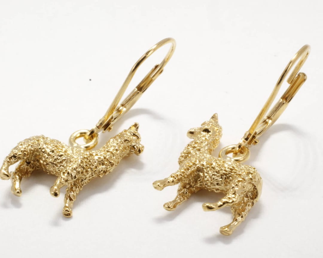 Alpaca Jewelry, Alpaca Earrings, Solid 14kt. Gold Huacaya Alpaca Dangle ...