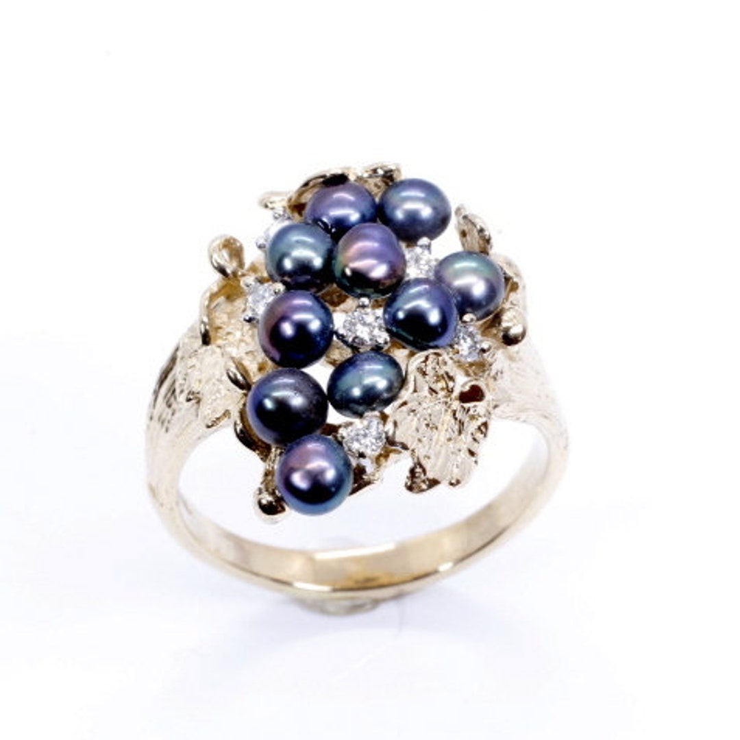 Grape Ring Gift for Her, Grape Cluster Ring in 14kt Gold With Black ...