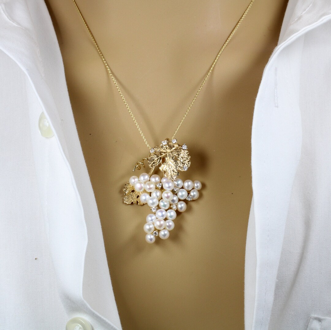 White Pearl and Diamonds Grape Cluster Necklace, 14kt Gold White ...