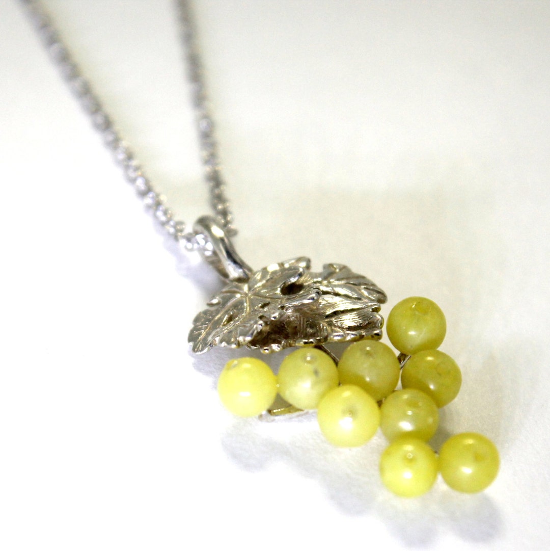 Grape Cluster Necklace, Two Leaf Sterling Silver Hsui Jade Grape ...