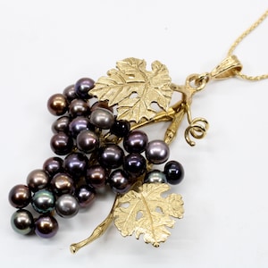 Black Pearl Grape Cluster Necklace for Her, Large Two Leaf 14kt Gold ...
