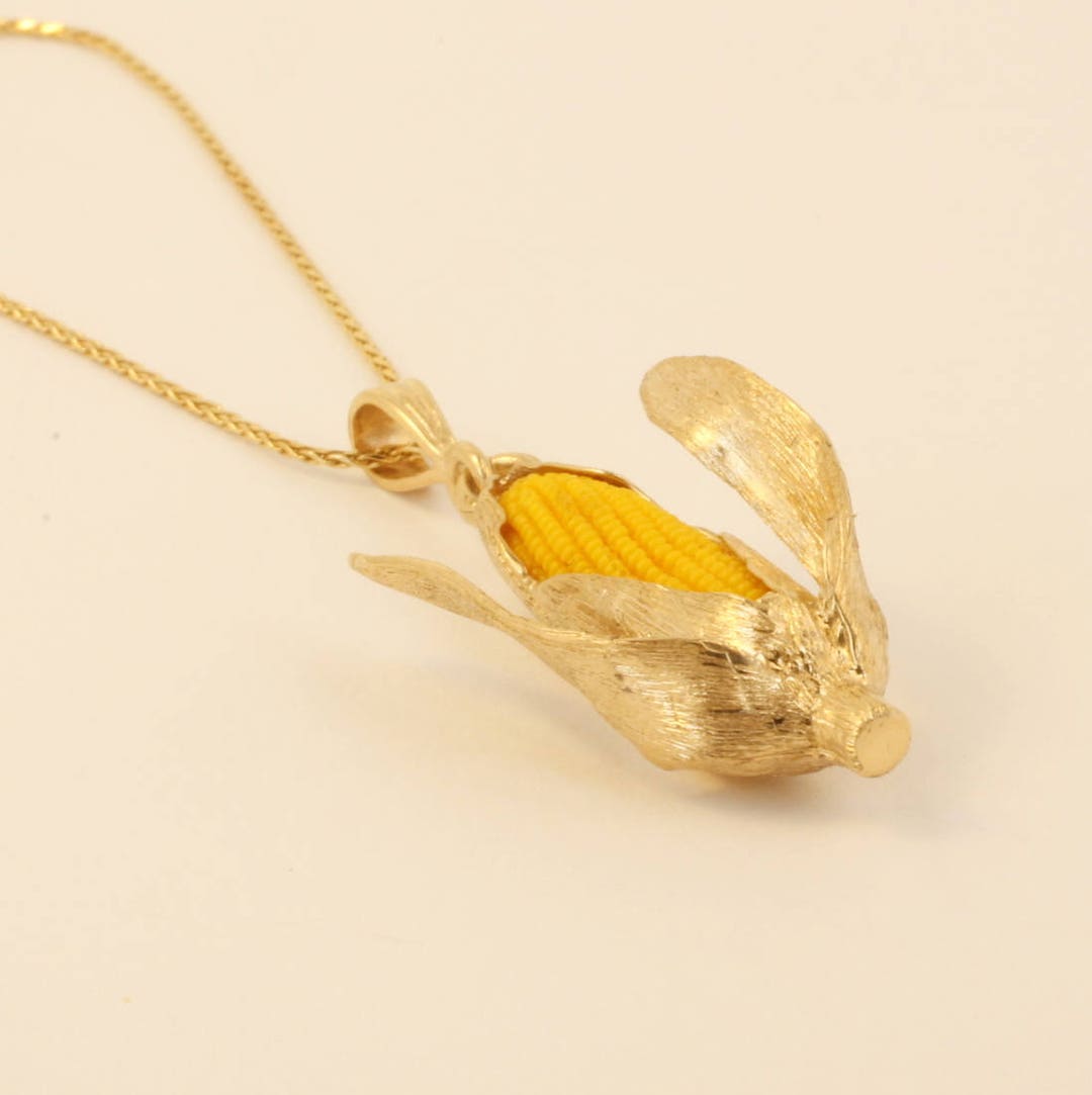 Corn Jewelry, Large 14kt Gold Corn Cob Necklace With Corn Meal Cob ...