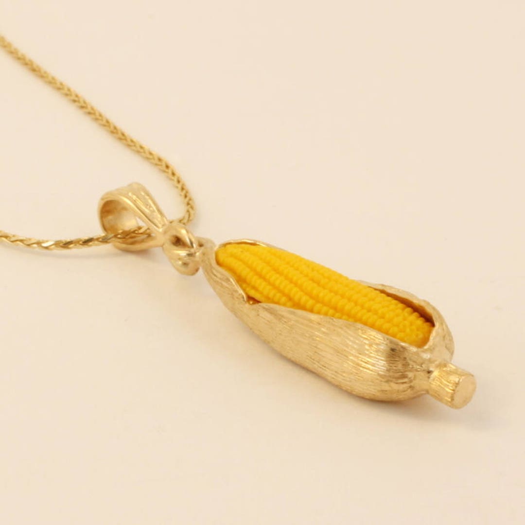 Corn Jewelry, Large 14kt Gold Corn Cob Necklace With 18" Chain, Unique ...
