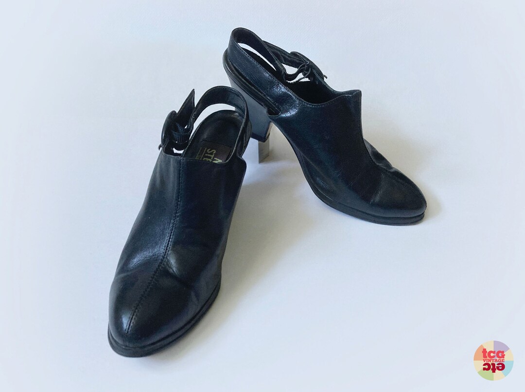 1980s Black Platform Slingbacks, Neil Stephen, Leather Heels, Womens 8M ...