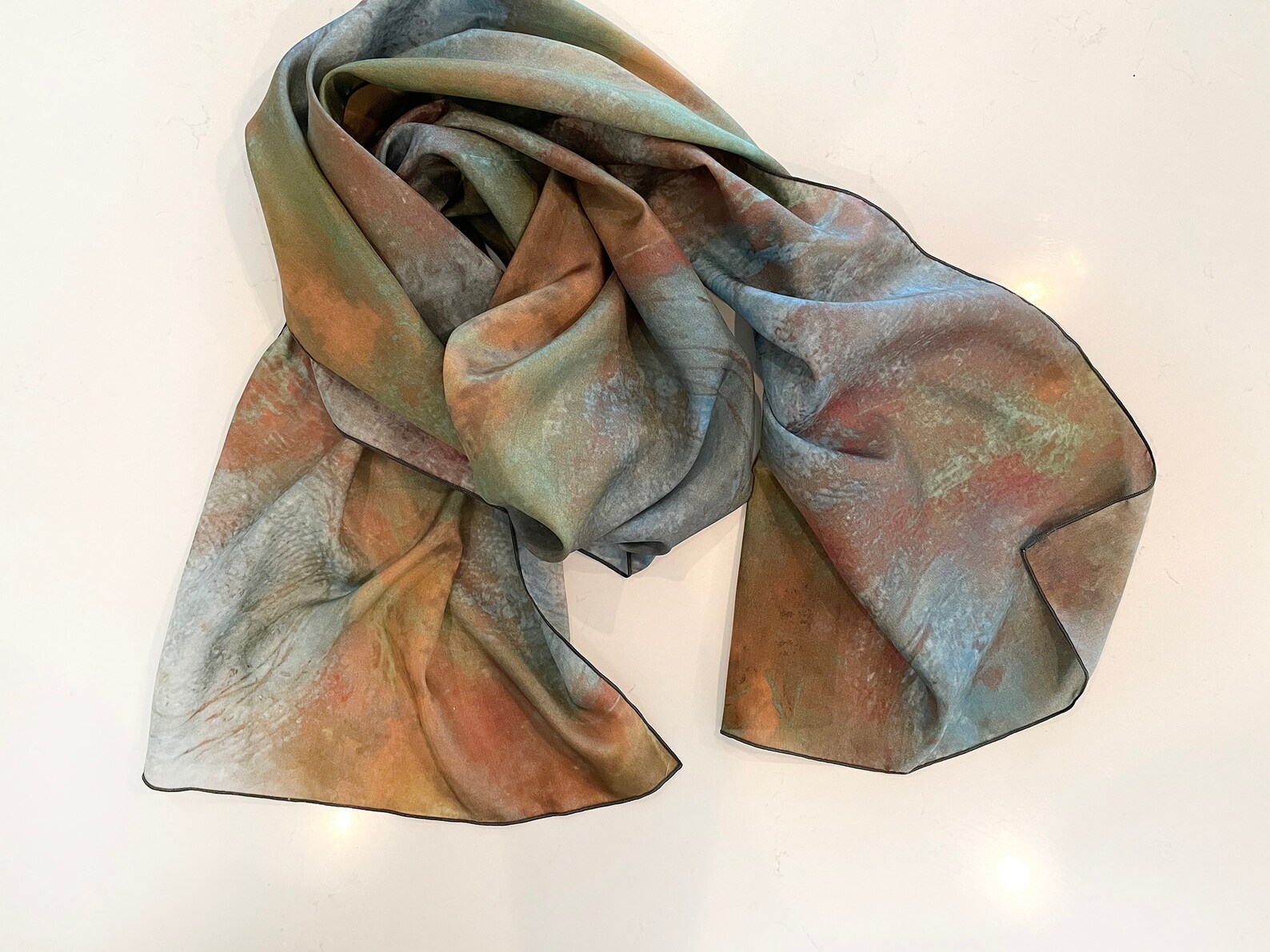 Long Silk Art Scarf in Blue Green and Yellow - Etsy