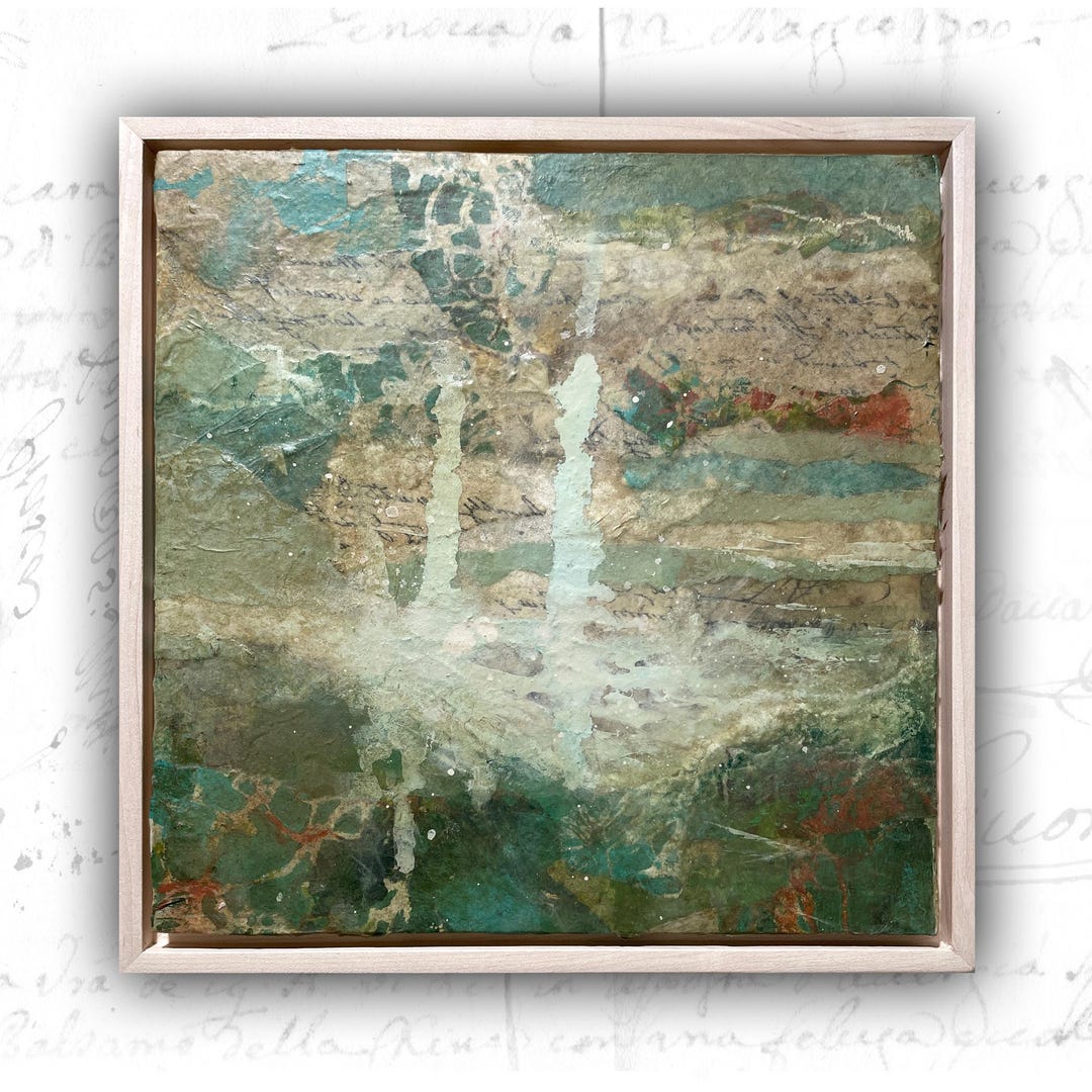 Framed Abstract Collage Landscape Painting: Green Mixed Media Art ...