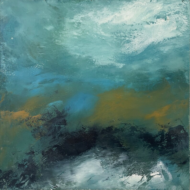 Abstract Painting of Landscape With Dramatic Clouds — Cold Wax and Oil ...