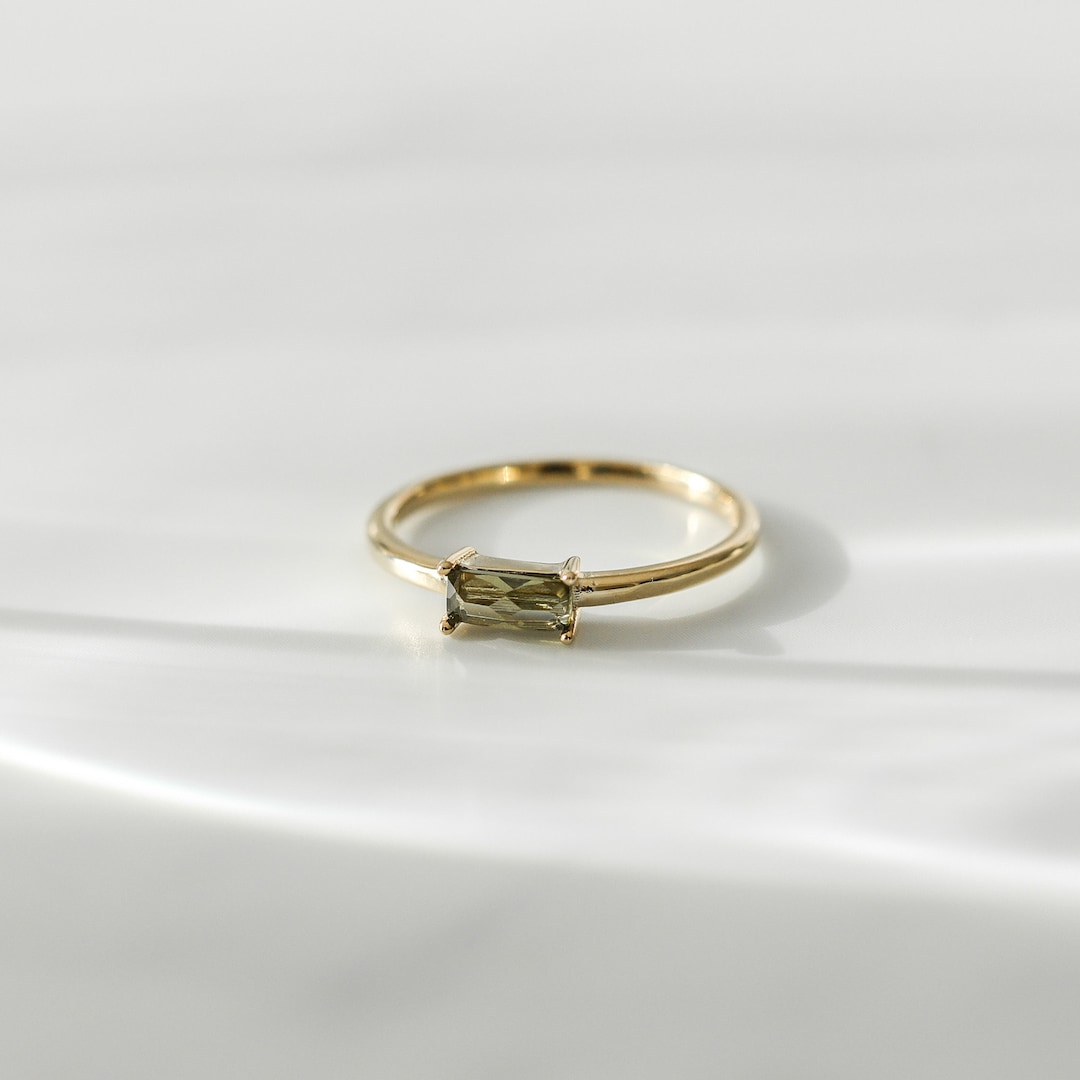 Minimalist Solitaire Green Stone Ring , Tiny Baguette Crystal Ring ...