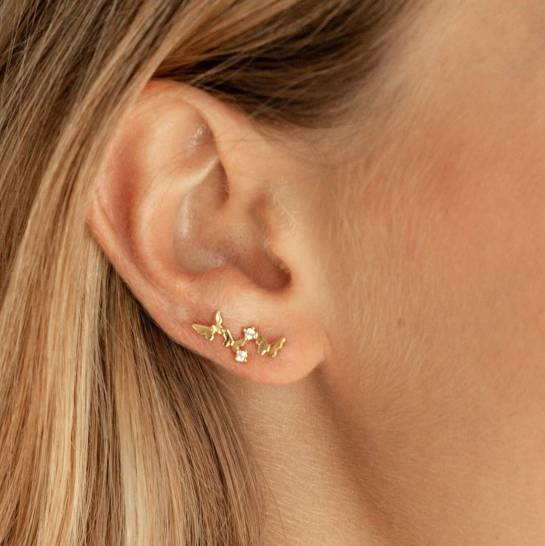 Earrings With Three Butterflies and Two White Zircons in 925 Sterling ...
