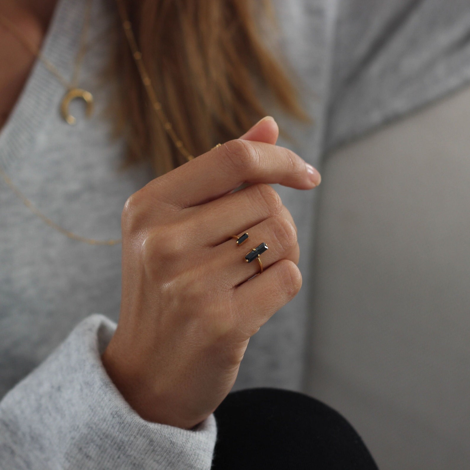 Exclusive Double Bar Open Ring With Two Black Stone Open Bar - Etsy