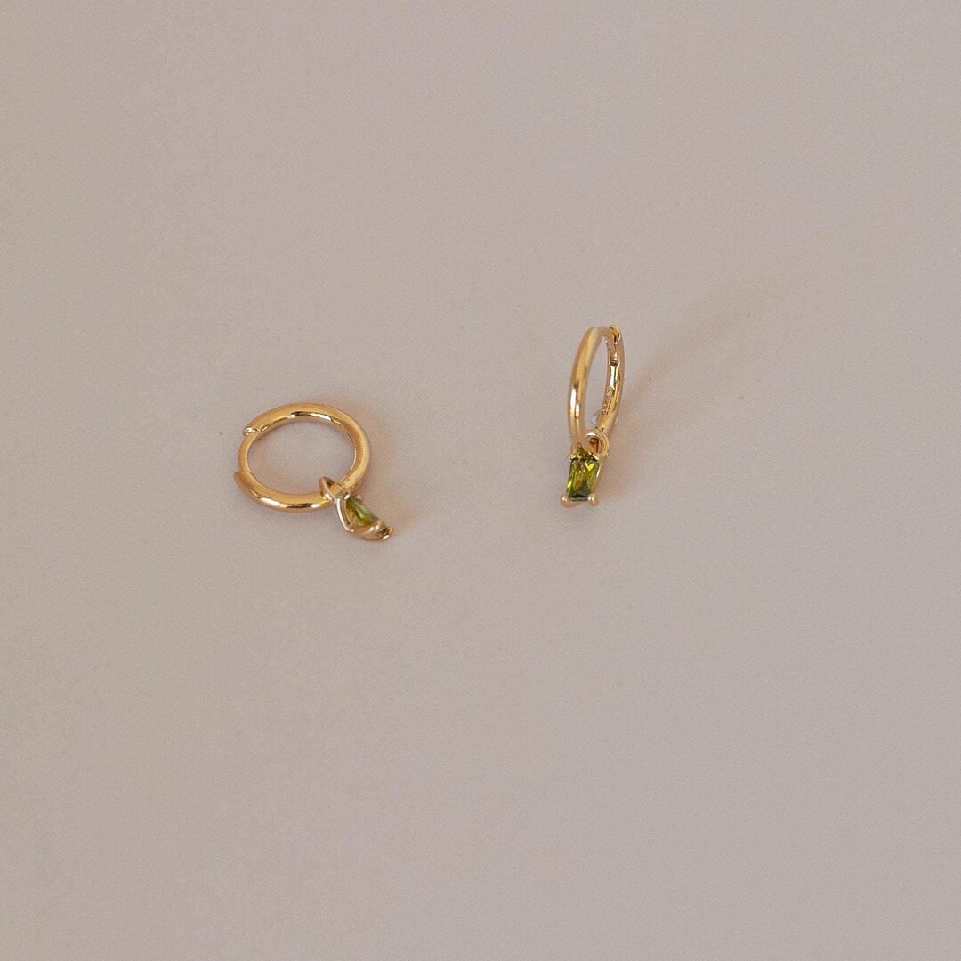 Hoop Earrings With Olive Green Rectangular Pendant, Made of 925 ...