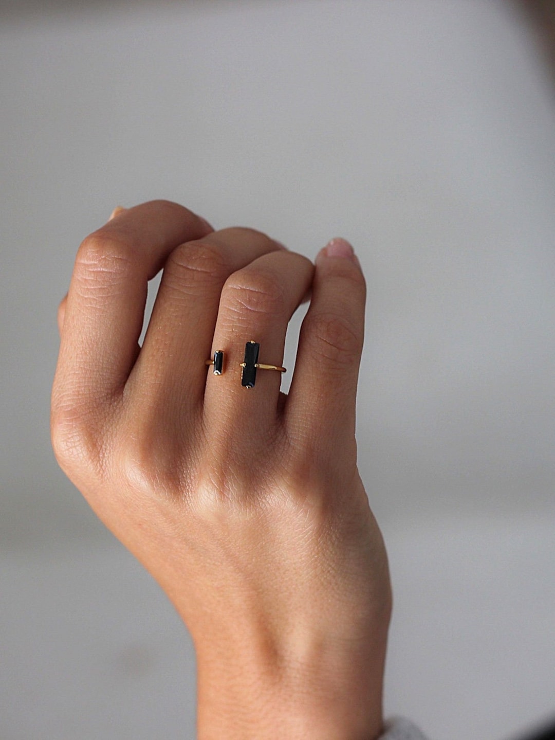 Exclusive Double Bar Open Ring With Two Black Stone, Open Bar Ring With ...