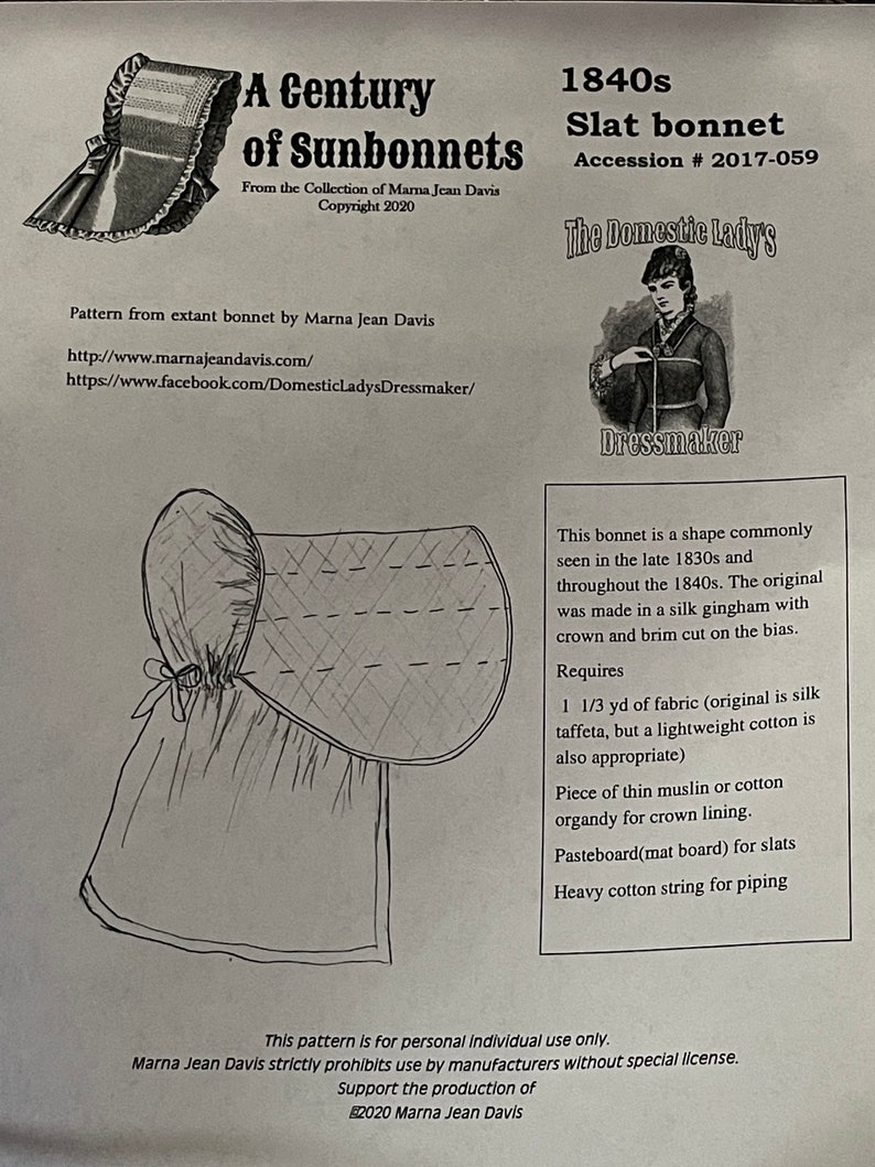 1830s-1840s Slat Bonnet Pattern - Etsy