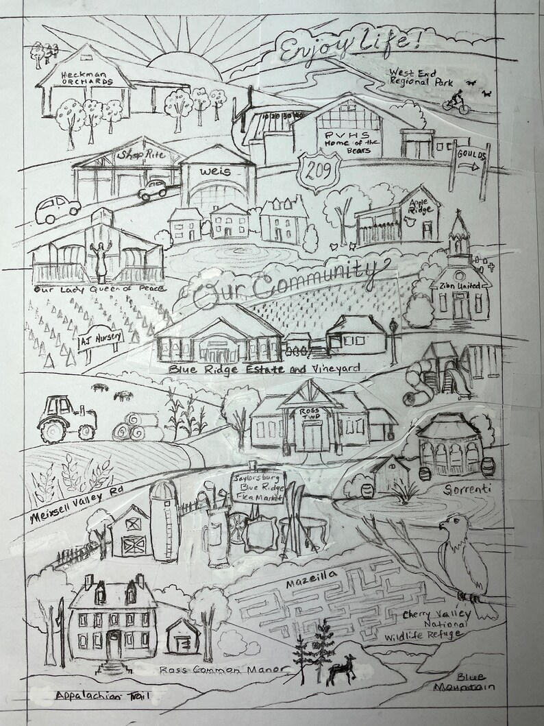 OUR COMMUNITY Original Art Print Whimsical Town Poster - Etsy