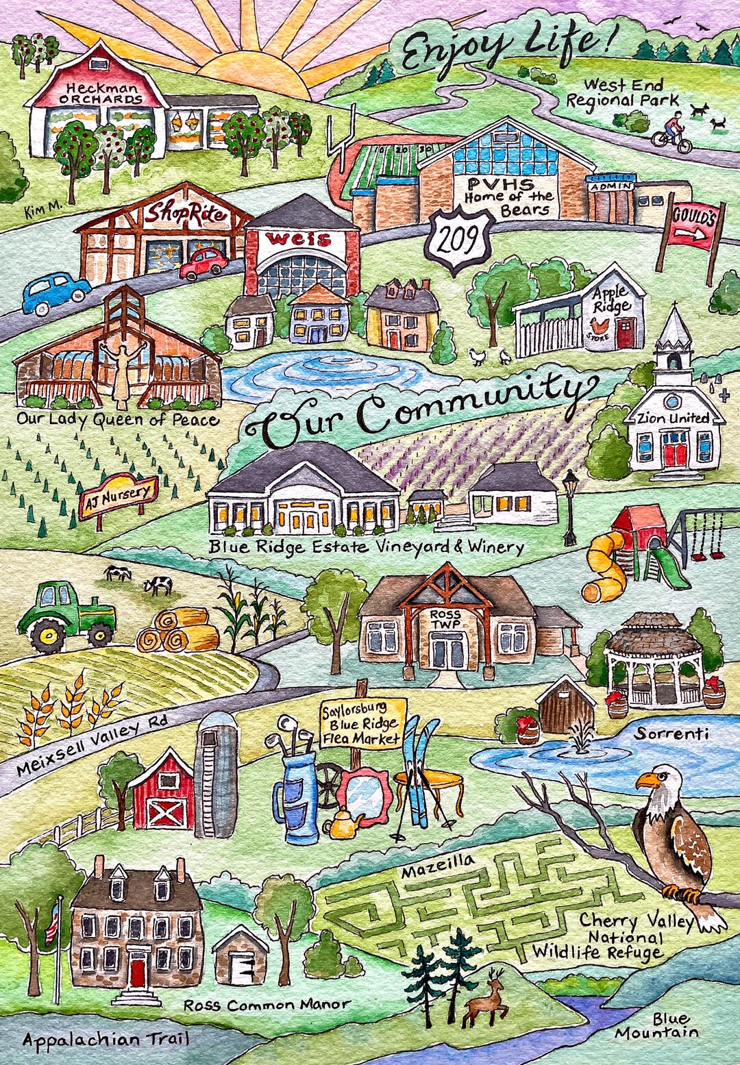 OUR COMMUNITY! Original Art Print, Whimsical Town, Poster, Town, City ...