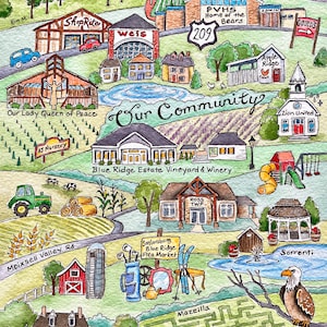 OUR COMMUNITY! Original Art Print, Whimsical Town, Poster, Town, City ...