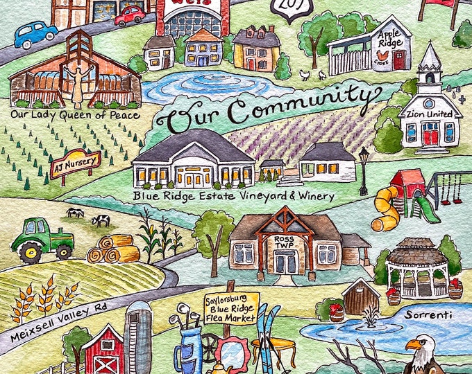 OUR COMMUNITY! Original Art Print, Whimsical Town, Poster, Town, City ...