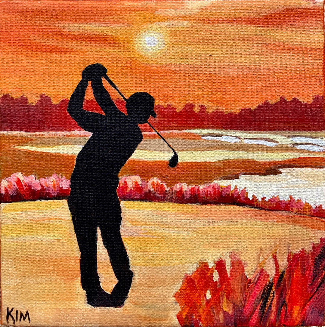 Sunset Golfer Miniature Acrylic Painting, Golf Art Gift, 6x6 Canvas - Etsy