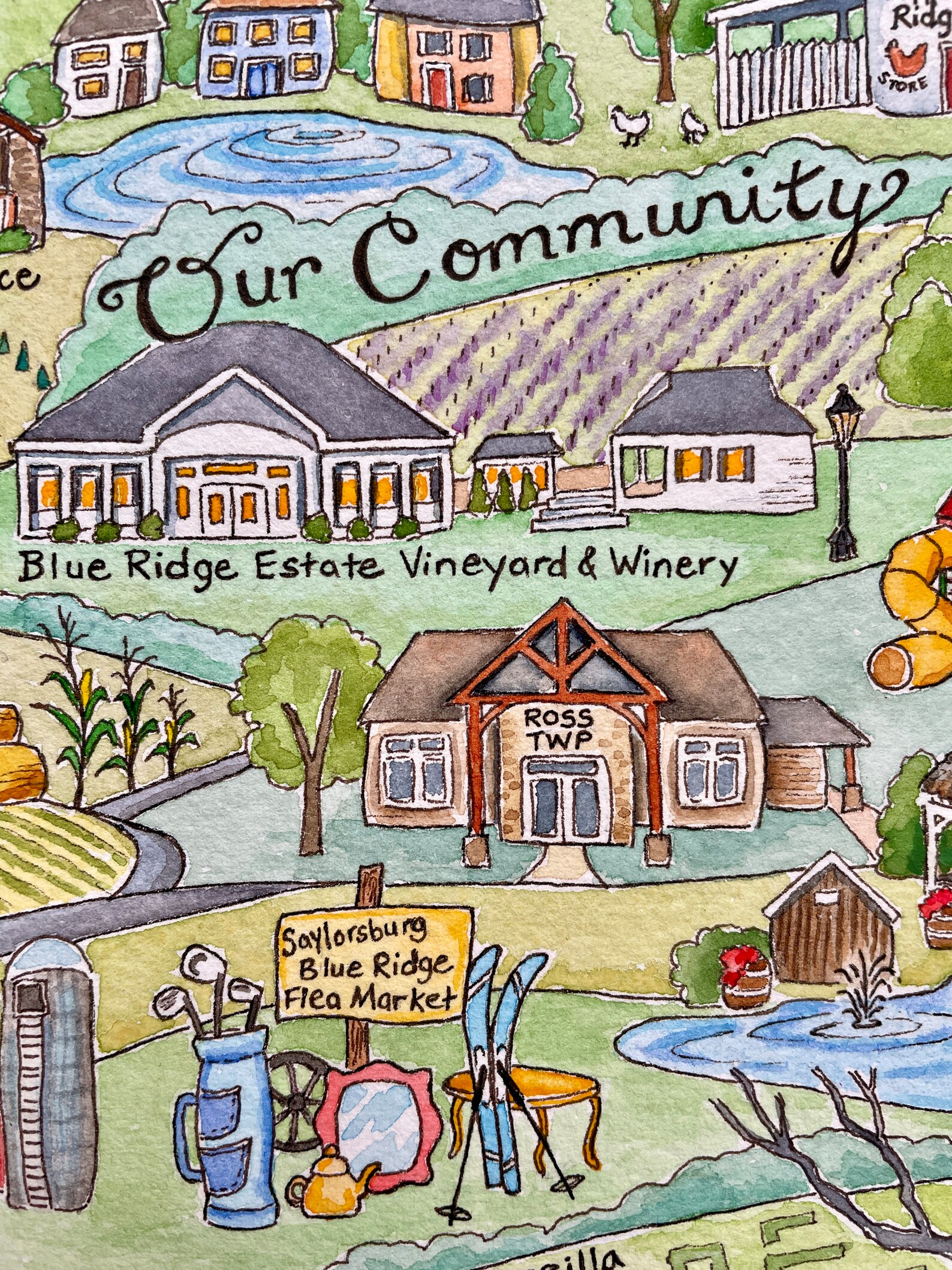 OUR COMMUNITY! Original Art Print, Whimsical Town, Poster, Town, City ...