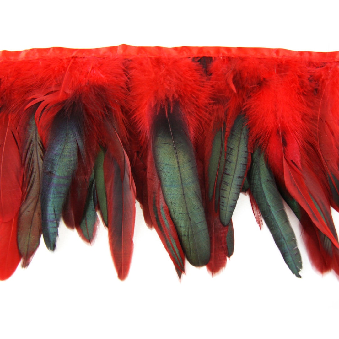 Red/black Rooster Tail Feathers, Strung, per Yard / Wholesale Bulk ...