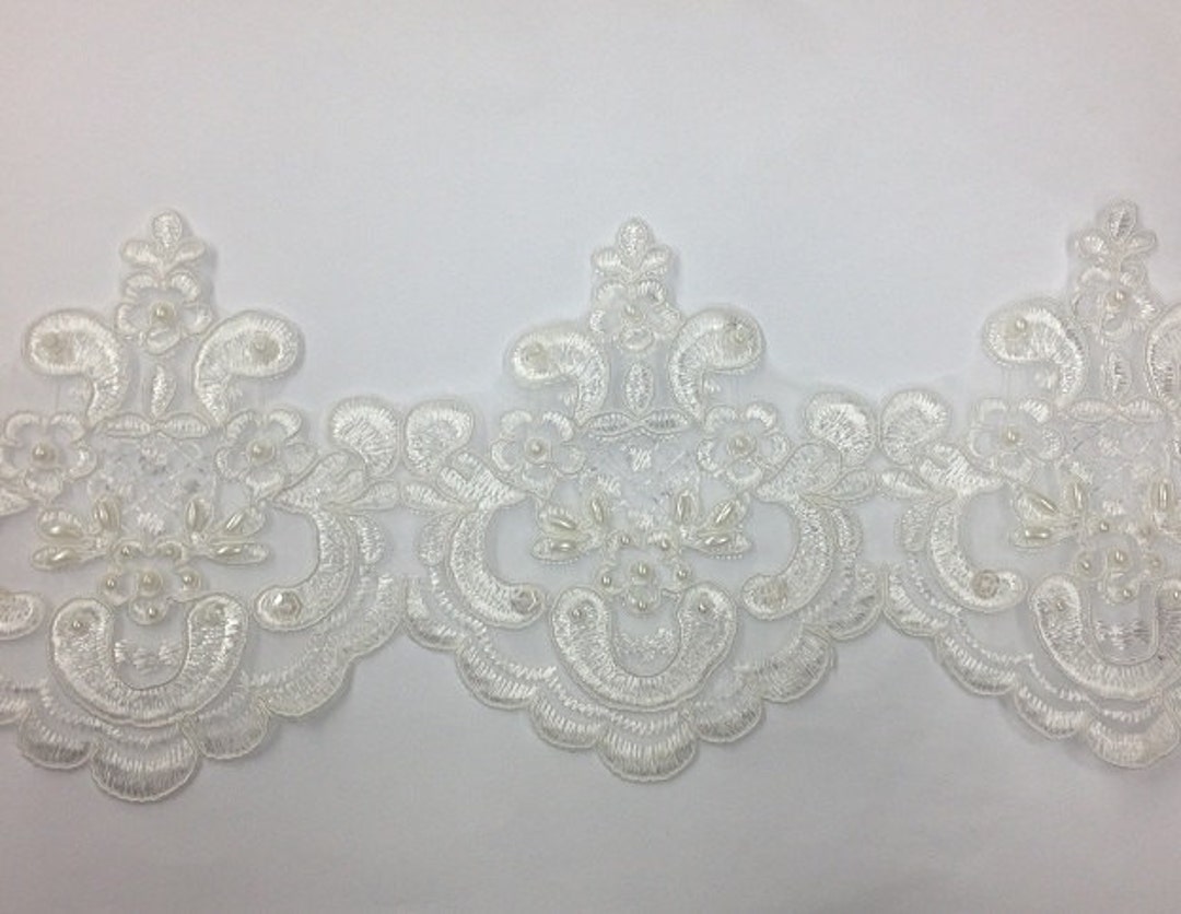 Ivory Pearl Beaded Lace Trim, Bridal Alencon Lace, Sequined Lace Trim ...