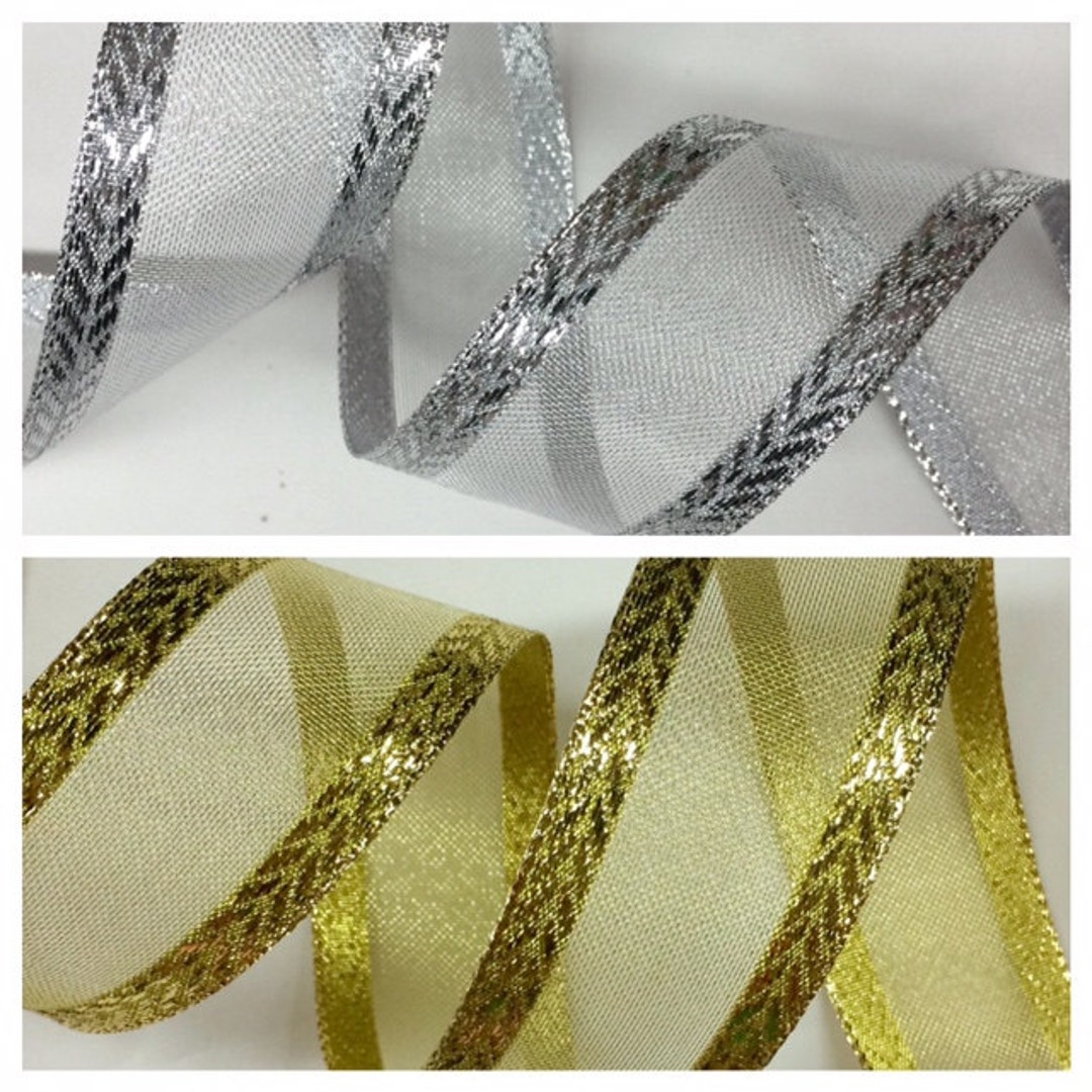 Premium Gold or Silver Mesh With Wired Edge Ribbon (metallic Gold - 1 1 ...