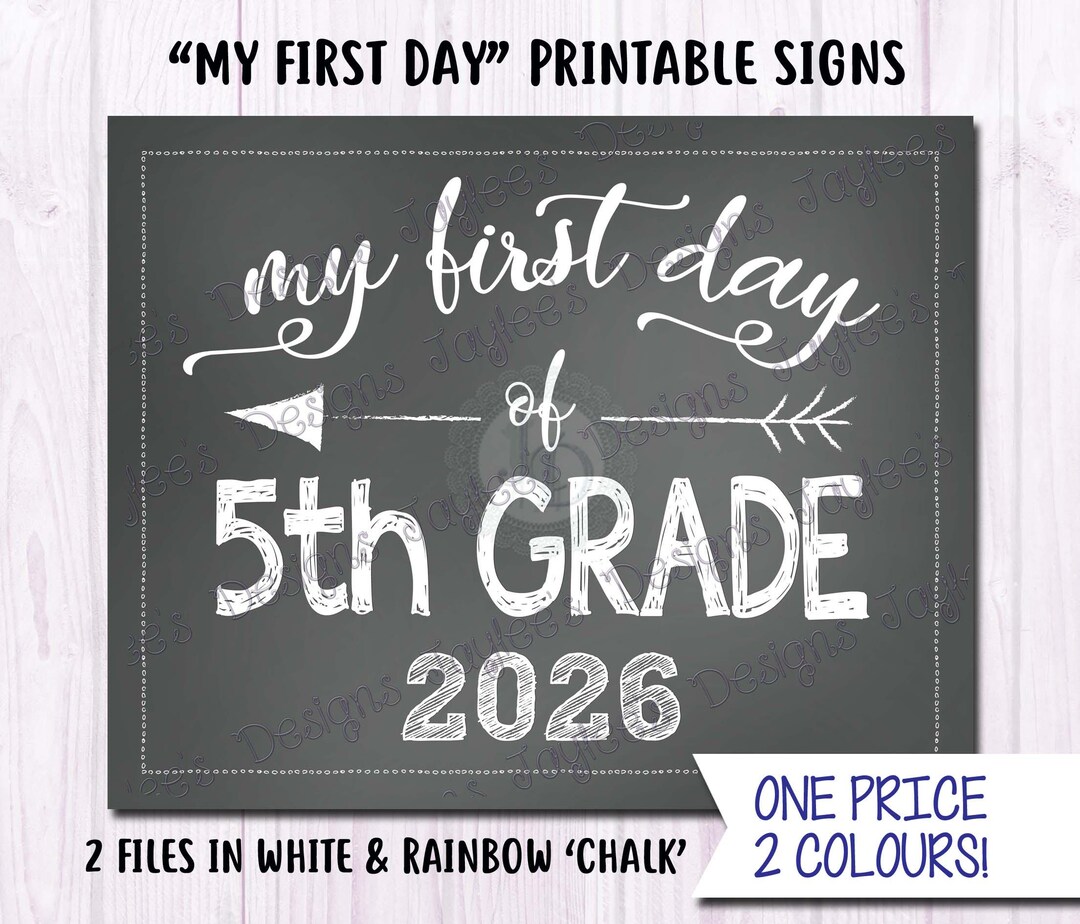 5th GRADE Chalkboard Sign - First Day of School 2026 - 2 Colour Choices ...