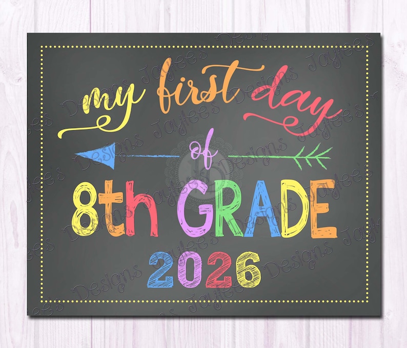 8th GRADE Chalkboard Sign - First Day of School 2026 - 2 Colour Choices ...