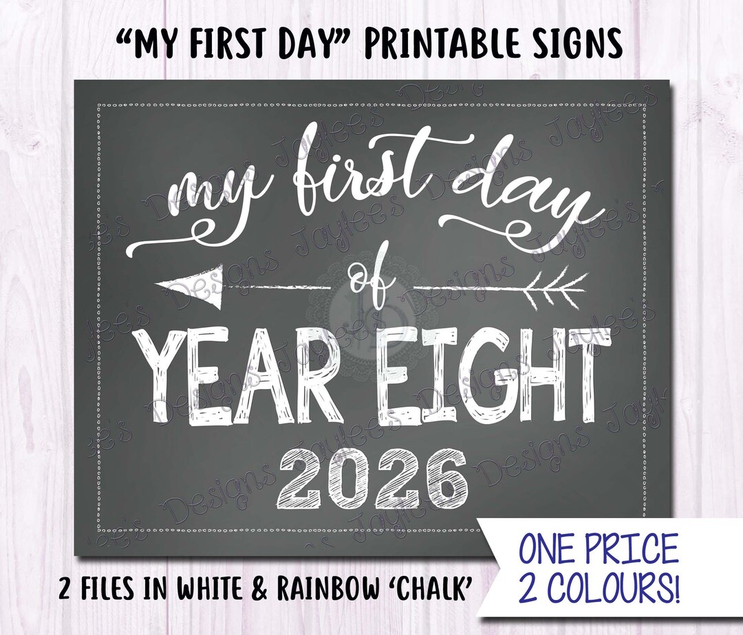 Year Eight Chalkboard Sign - First Day of School 2026 - 2 Colour ...