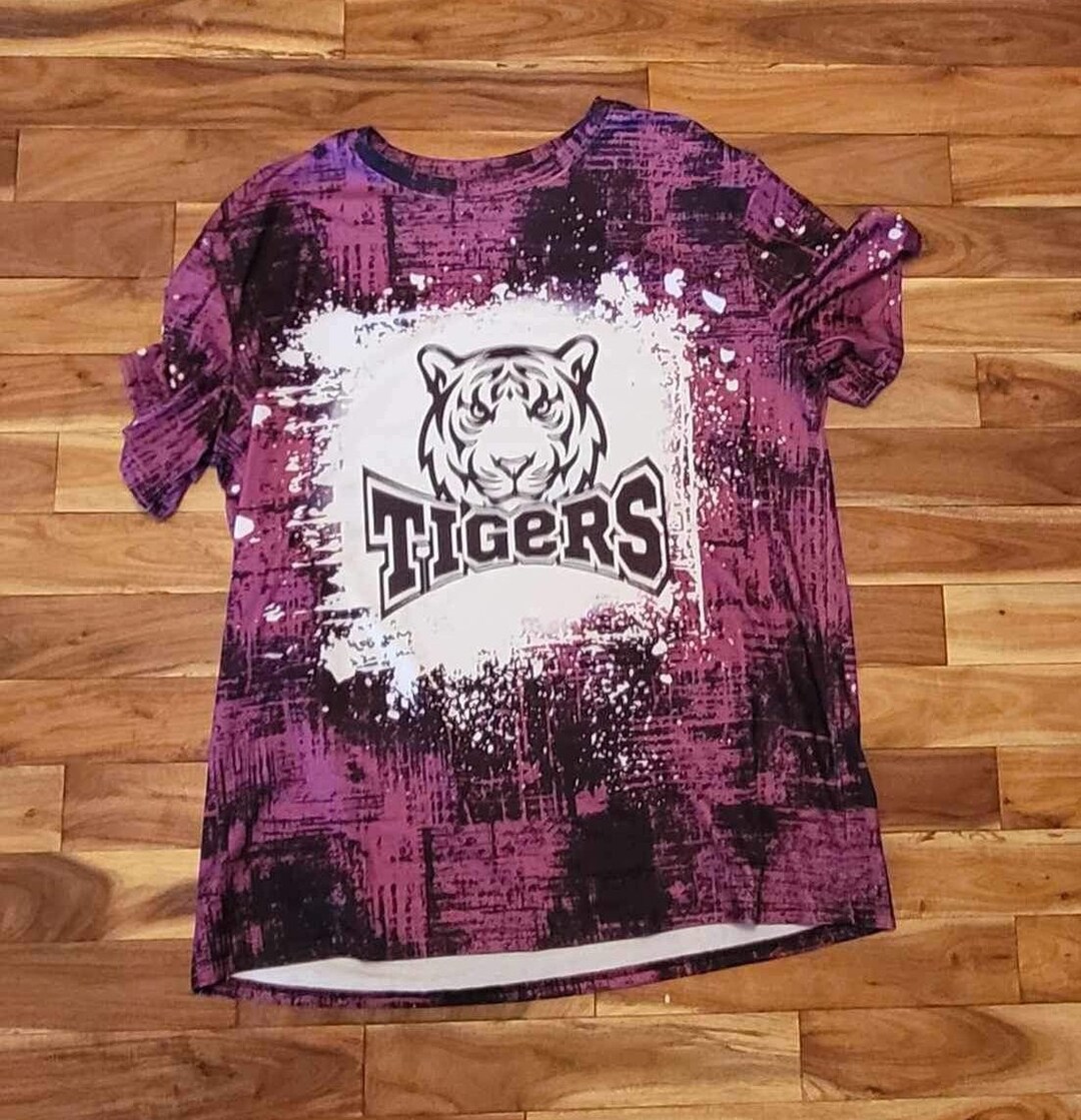 T-shirt - Tigers With Tiger Face/ All Over Purple, Black and Faux Bleach Area With Printed ...