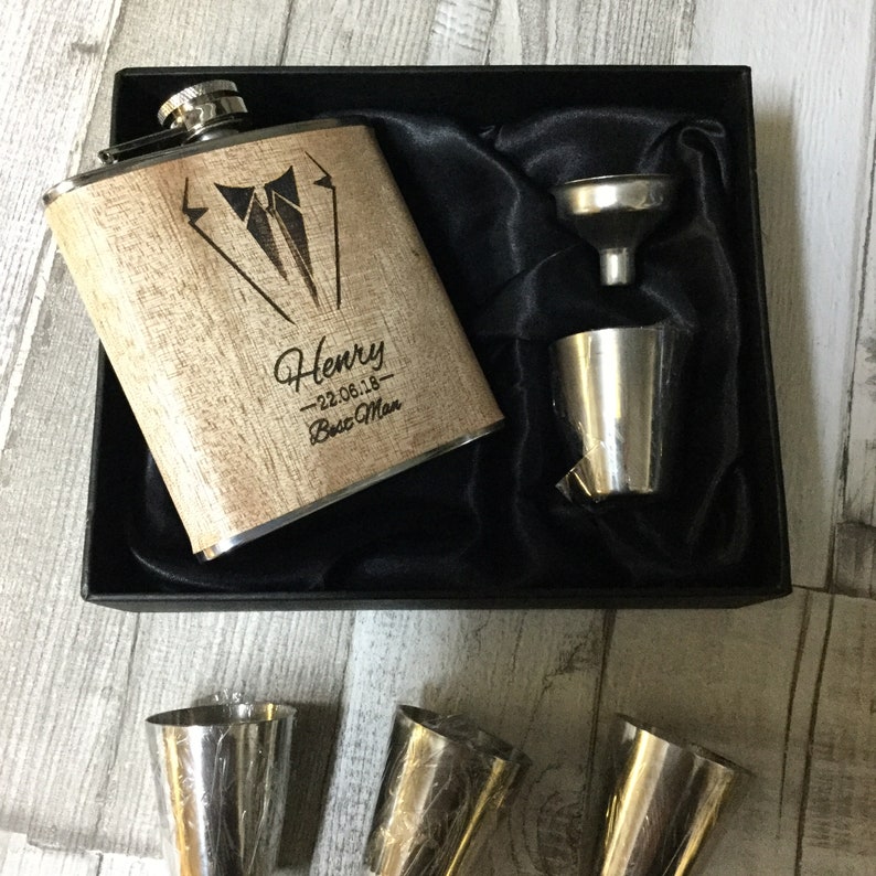 Best Man Hip Flask Set With Free Engraving 6 Oz Wooden - Etsy