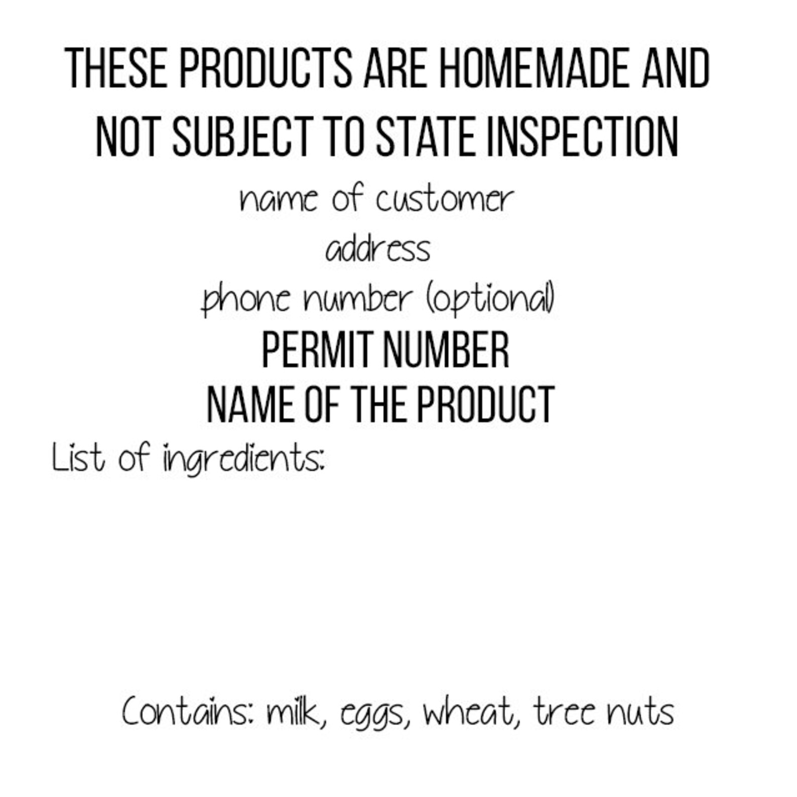 Custom Cottage Food Labels, Ingredients Stickers, Personalized Bakery ...