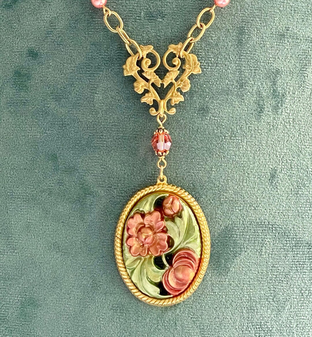 Dimensional Hand-painted Floral Cabochon Pendant Necklace, Beaded Chain ...