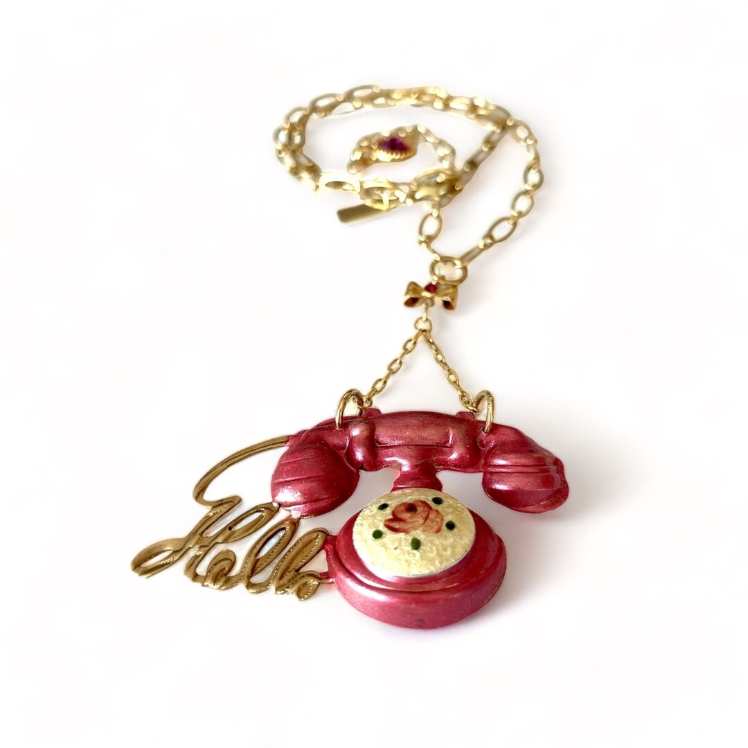 Vintage Retro Kitsch Pink "hello" Telephone Necklace With Guilloche ...